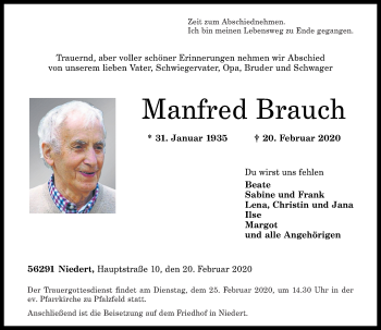 Traueranzeigen von Manfred Brauch | rz-trauer.de