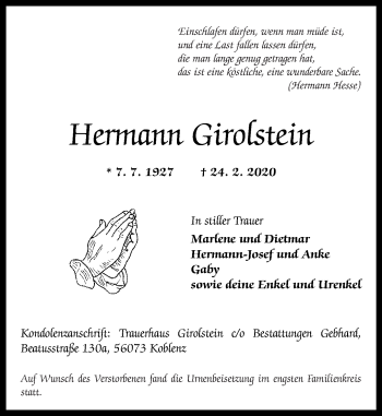 Traueranzeigen von Hermann Girolstein | rz-trauer.de