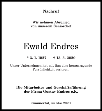 Traueranzeigen von Ewald Endres | rz-trauer.de