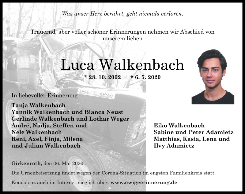 Traueranzeigen von Luca Walkenbach | rz-trauer.de