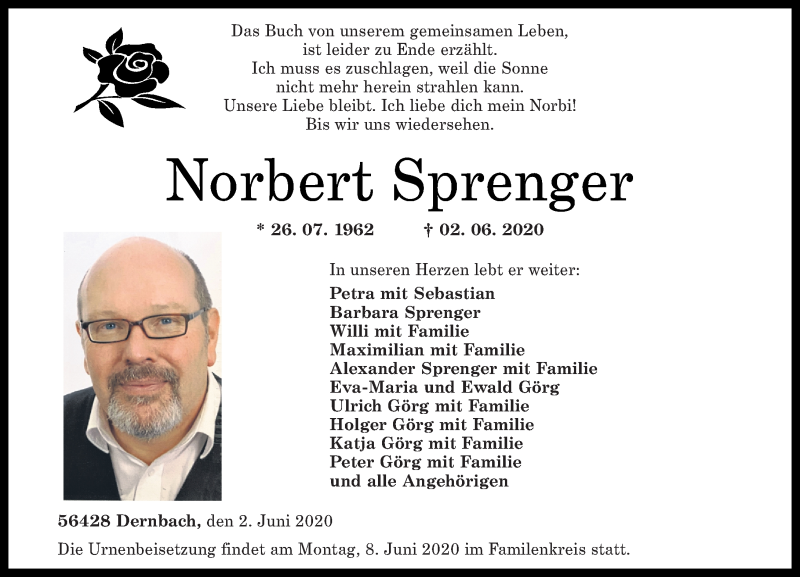 Traueranzeigen von Norbert Sprenger | rz-trauer.de