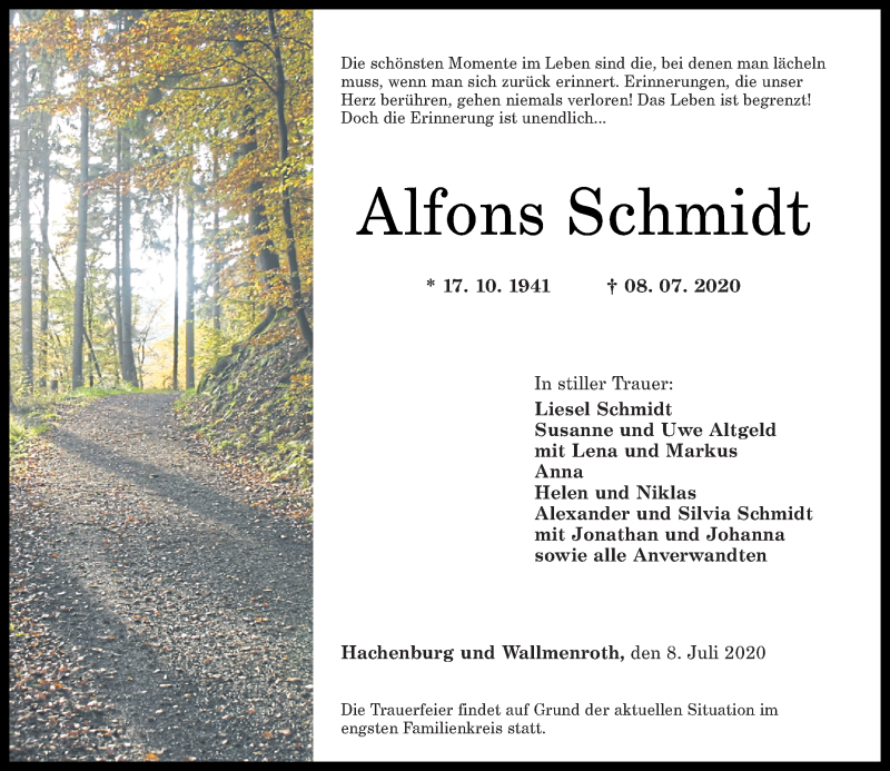 Traueranzeigen von Alfons Schmidt | rz-trauer.de