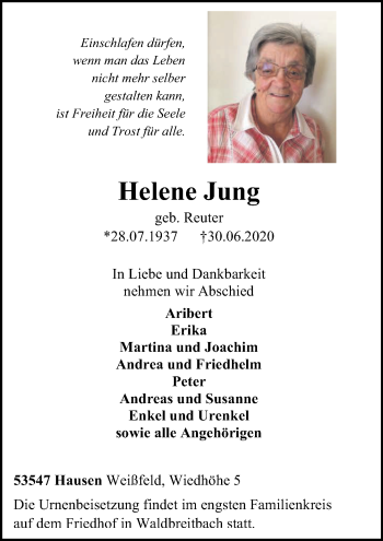 Traueranzeigen von Helene Jung | rz-trauer.de