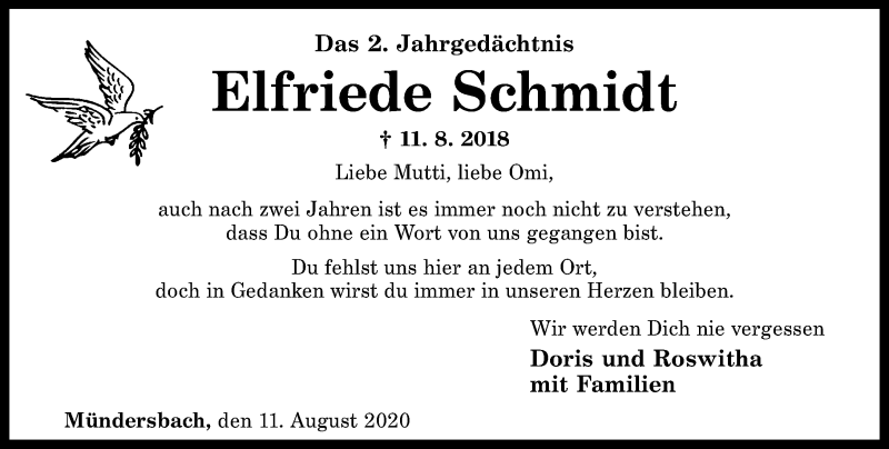 Traueranzeigen von Elfriede Schmidt | rz-trauer.de