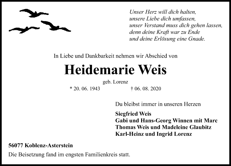 Traueranzeigen von Heidemarie Weis | rz-trauer.de
