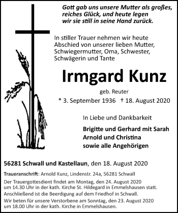 Traueranzeigen von Irmgard Kunz | rz-trauer.de