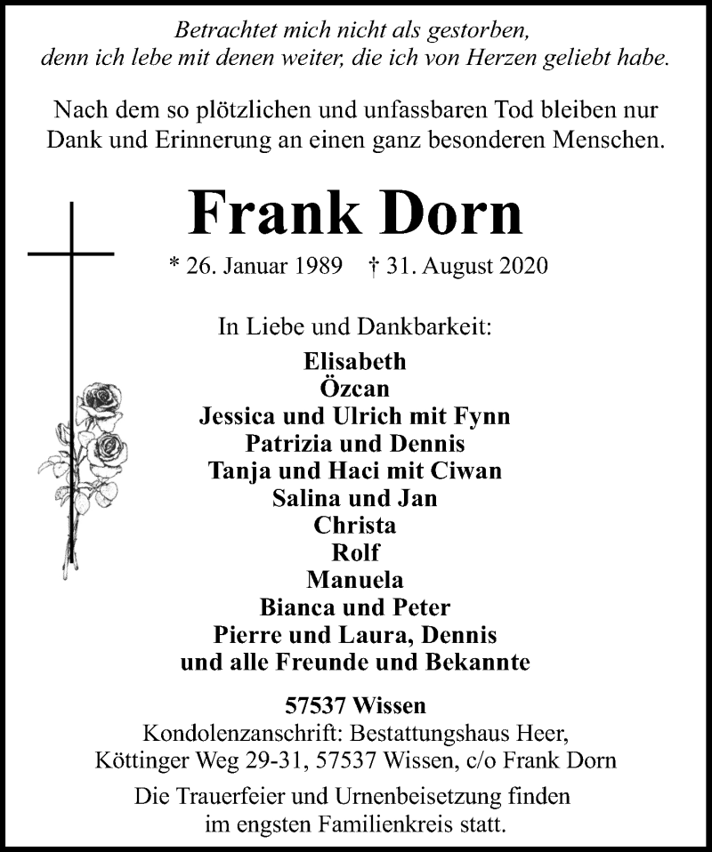 Traueranzeigen von Frank Dorn | rz-trauer.de