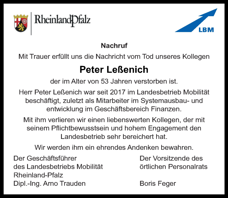 Traueranzeigen von Peter Leßenich | rz-trauer.de