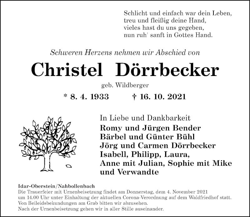 Traueranzeigen von Christel Dörrbecker | rz-trauer.de