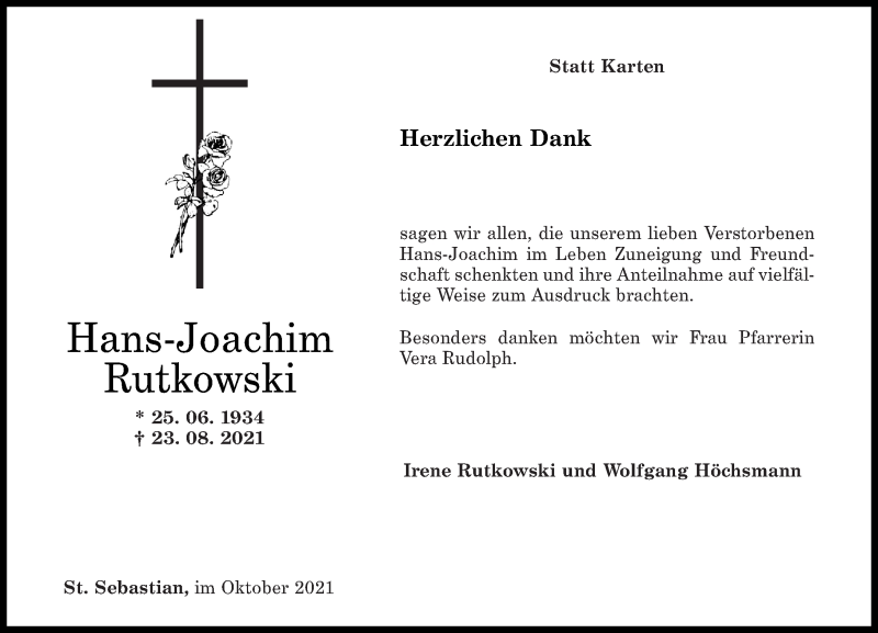 Traueranzeigen von Hans-Joachim Rutkowski | rz-trauer.de