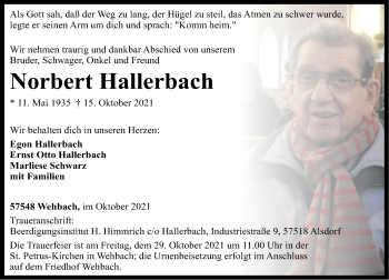 Traueranzeigen von Norbert Hallerbach | rz-trauer.de