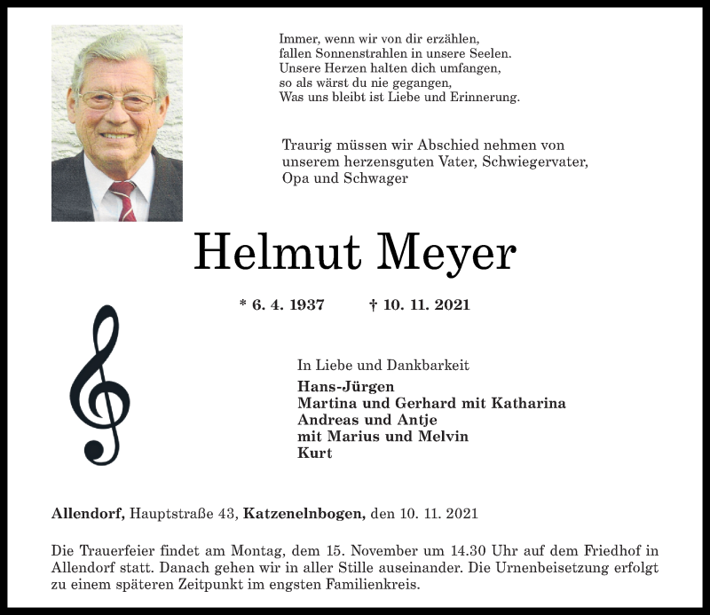 Traueranzeigen von Helmut Meyer | rz-trauer.de