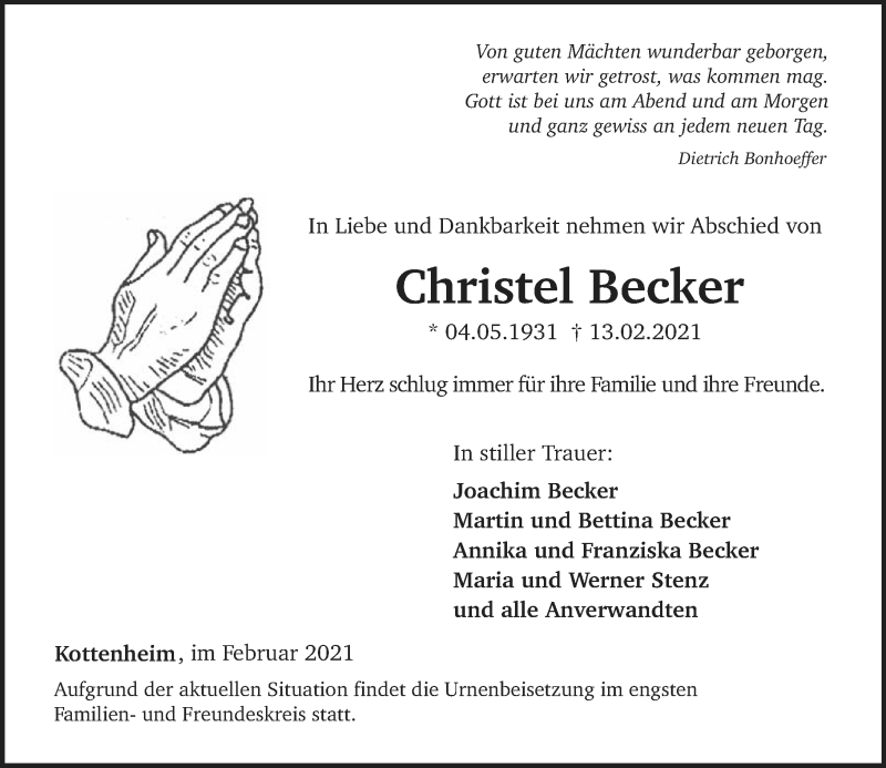 Traueranzeigen von Christel Becker | rz-trauer.de