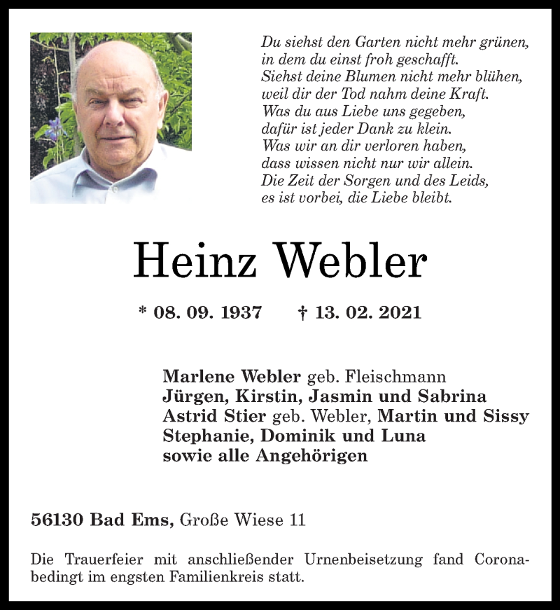 Traueranzeigen von Heinz Webler | rz-trauer.de