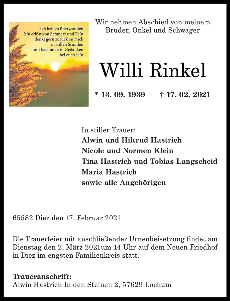 Traueranzeigen von Willi Rinkel | rz-trauer.de