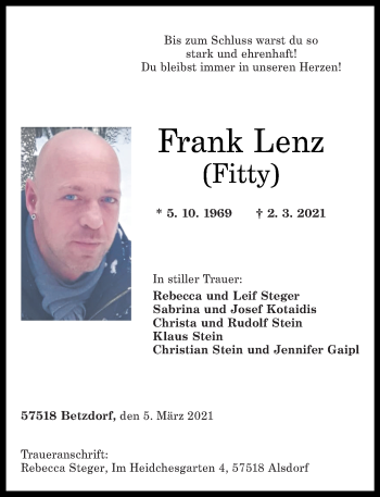 Traueranzeigen von Frank Lenz | rz-trauer.de