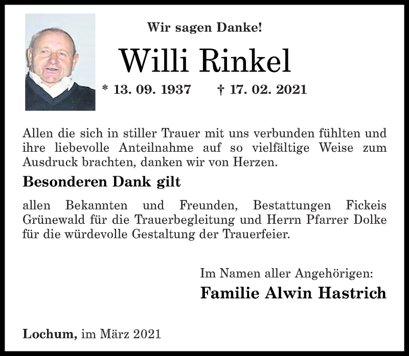 Traueranzeigen von Willi Rinkel | rz-trauer.de