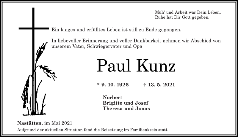 Traueranzeigen von Paul Kunz | rz-trauer.de