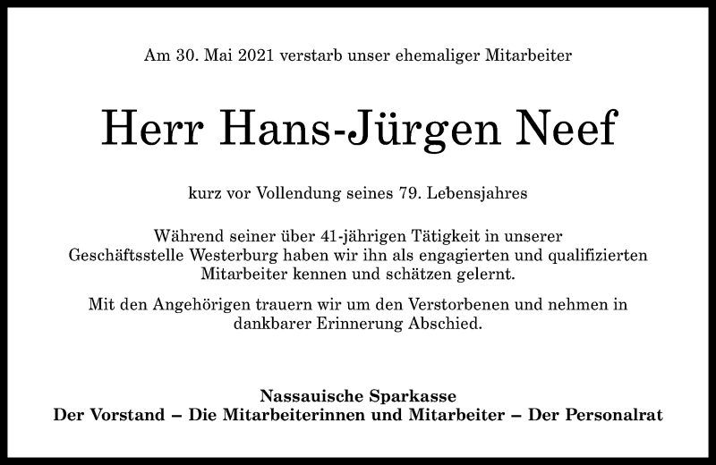 Traueranzeigen von Hans-Jürgen Neef | rz-trauer.de