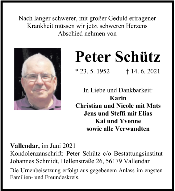 Traueranzeigen von Peter Schütz | rz-trauer.de