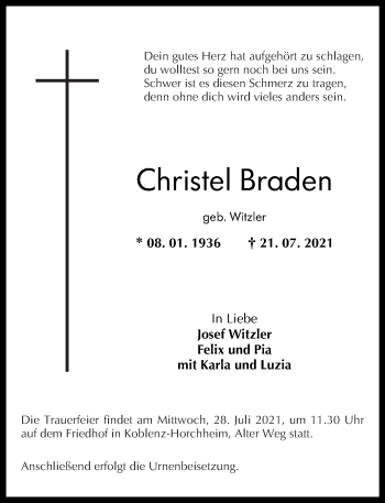 Traueranzeigen von Christel Braden | rz-trauer.de