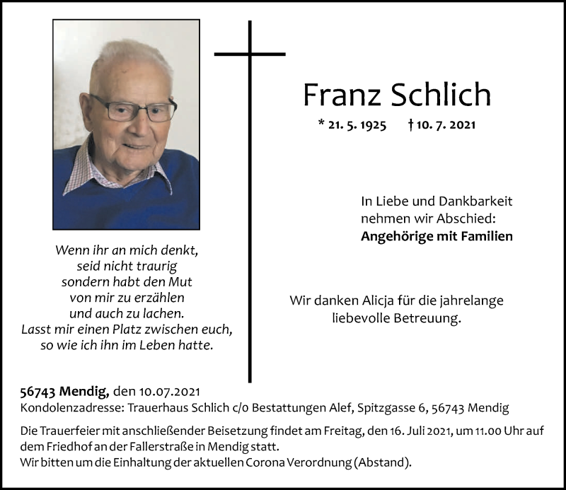 Traueranzeigen von Franz Schlich | rz-trauer.de