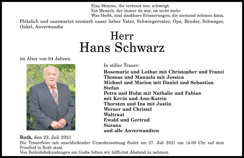 Traueranzeigen von Hans Schwarz | rz-trauer.de