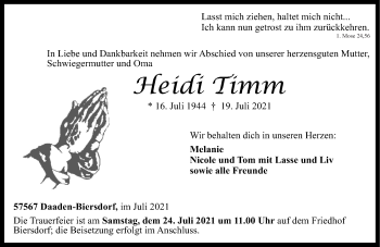 Traueranzeigen von Heidi Timm | rz-trauer.de