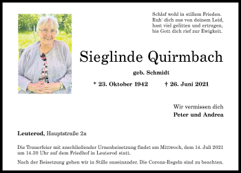 Traueranzeigen von Sieglinde Quirmbach | rz-trauer.de