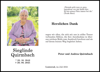 Traueranzeigen von Sieglinde Quirmbach | rz-trauer.de