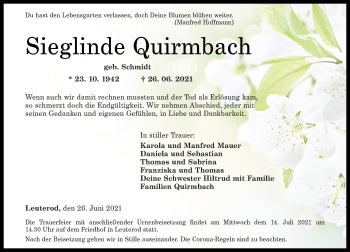 Traueranzeigen von Sieglinde Quirmbach | rz-trauer.de