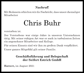 Traueranzeigen von Chris Buhr | rz-trauer.de