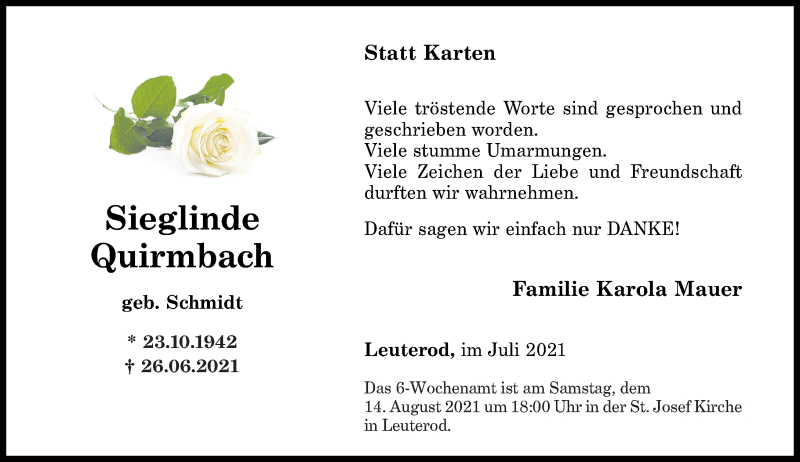 Traueranzeigen von Sieglinde Quirmbach | rz-trauer.de