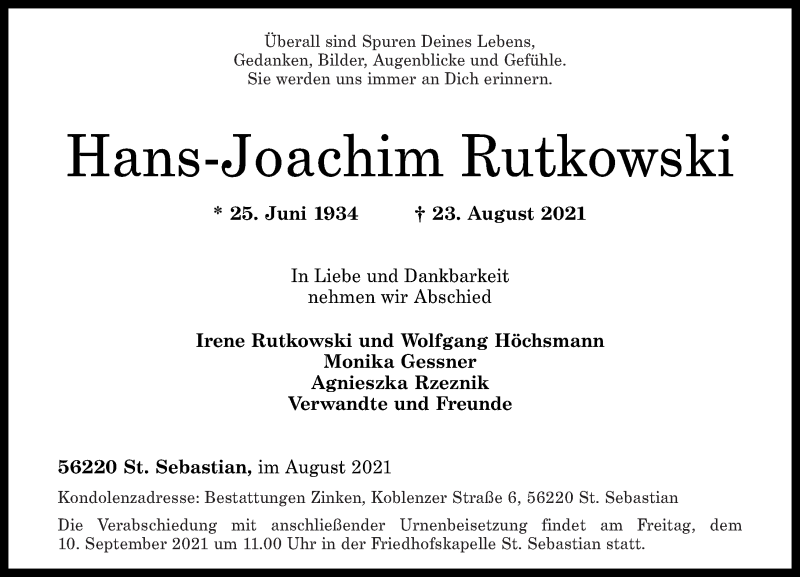 Traueranzeigen von Hans-Joachim Rutkowski | rz-trauer.de