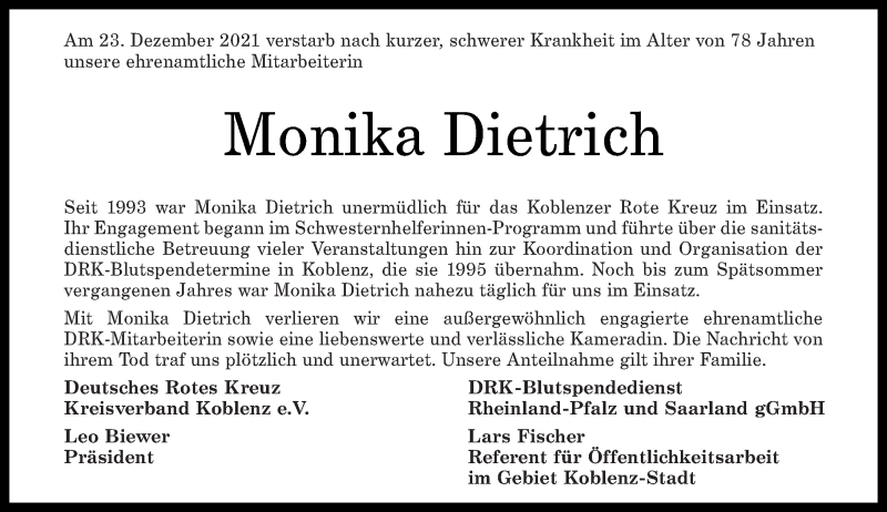 Traueranzeigen von Monika Dietrich | rz-trauer.de