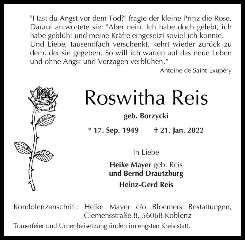 Traueranzeigen von Roswitha Reis | rz-trauer.de