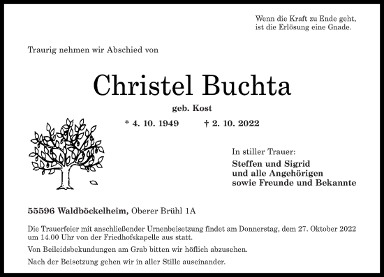 Traueranzeigen von Christel Buchta | rz-trauer.de