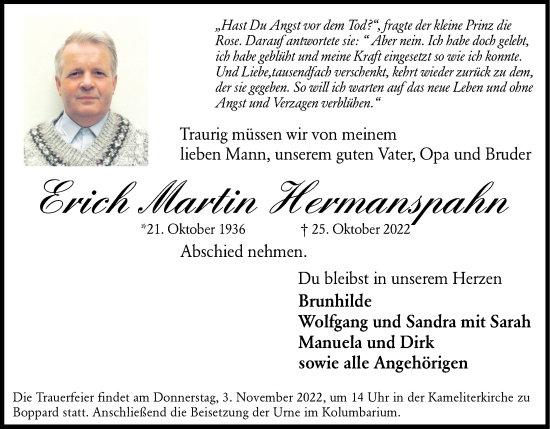 Traueranzeigen von Erich Martin Hermanspahn | rz-trauer.de