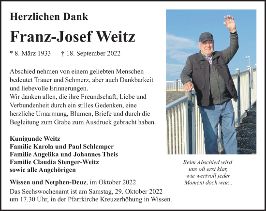 Traueranzeigen von Franz-Josef Weitz | rz-trauer.de