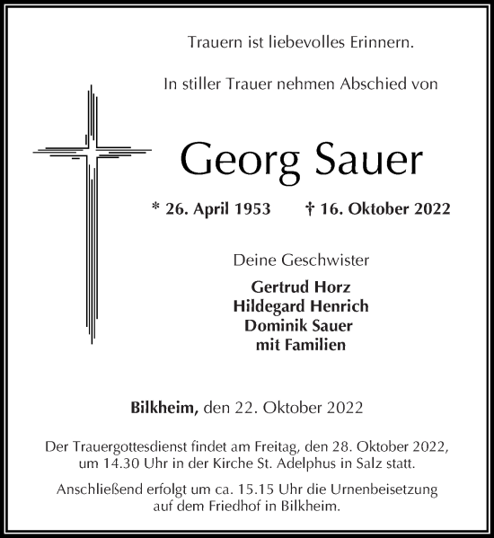 Traueranzeigen von Georg Sauer | rz-trauer.de