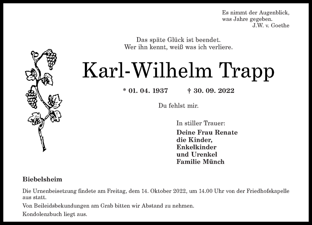Traueranzeigen von Karl-Wilhelm Trapp | rz-trauer.de