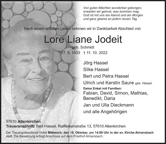Traueranzeigen von Lore Liane Jodeit | rz-trauer.de