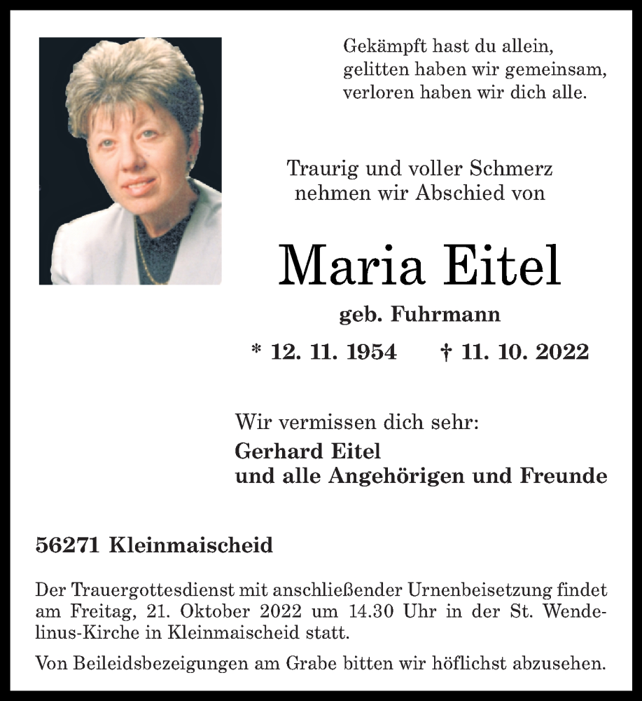 Traueranzeigen von Maria Eitel | rz-trauer.de