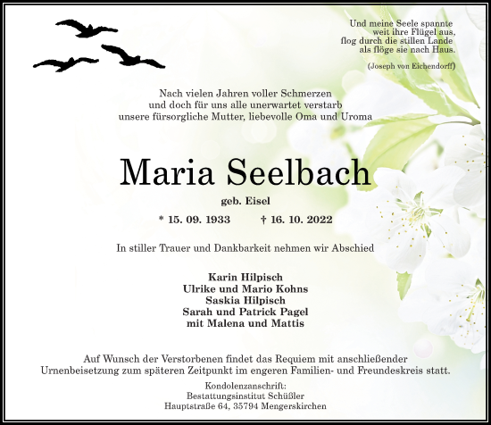 Traueranzeigen von Maria Seelbach | rz-trauer.de