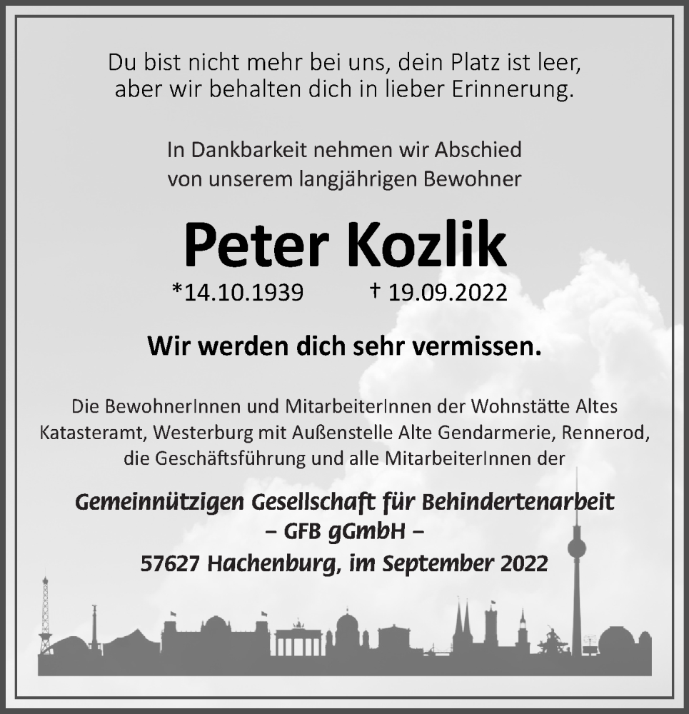 Traueranzeigen von Peter Kozlik | rz-trauer.de