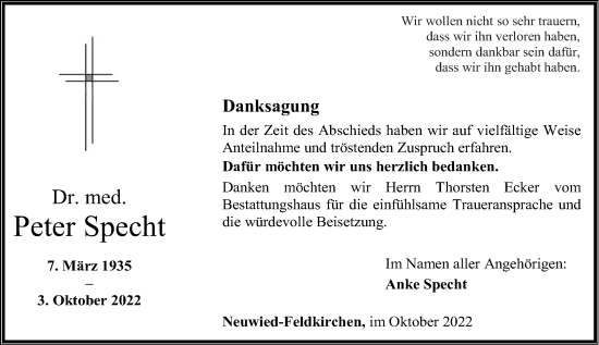 Traueranzeigen von Peter Specht | rz-trauer.de