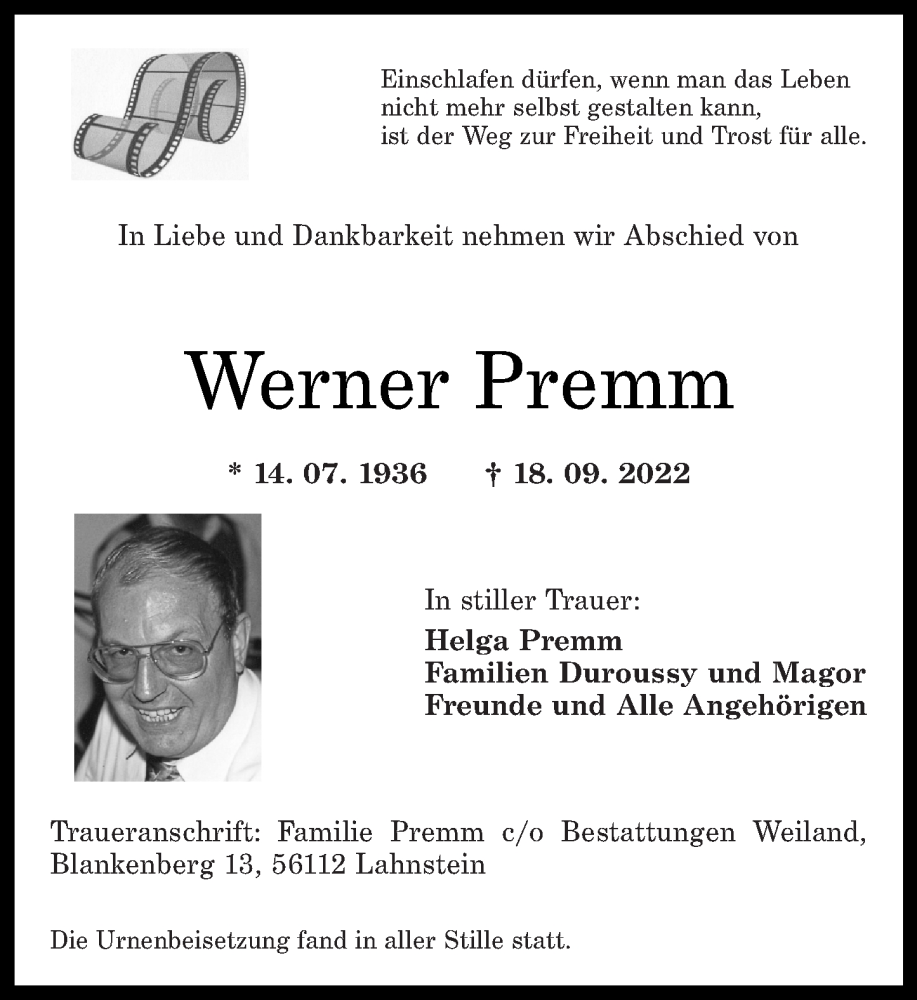 Traueranzeigen von Werner Premm | rz-trauer.de