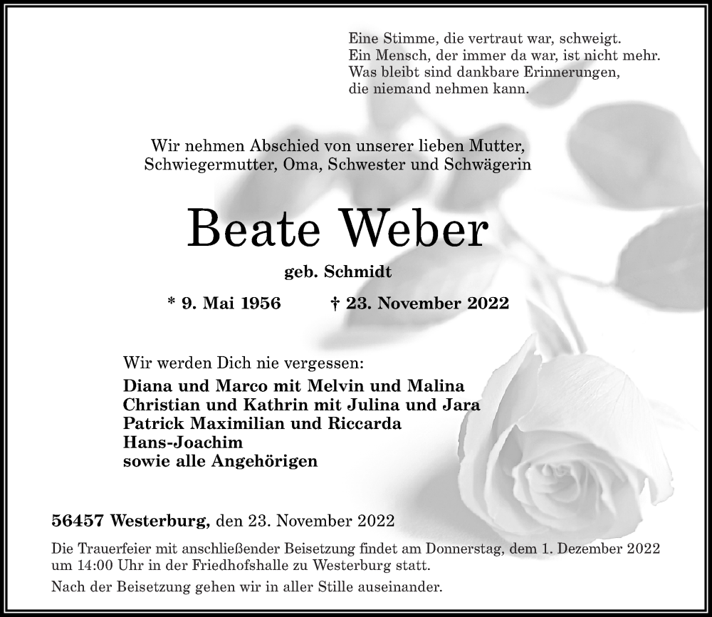 Traueranzeigen von Beate Weber | rz-trauer.de