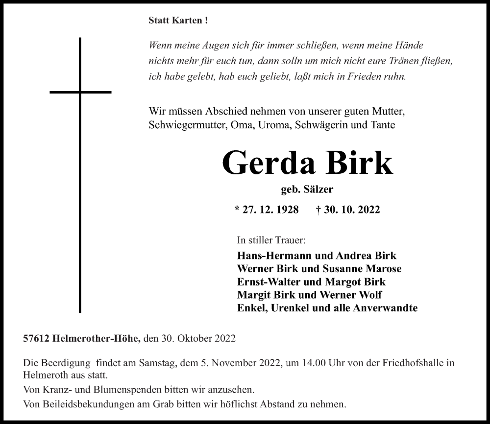 Traueranzeigen von Gerda Birk | rz-trauer.de