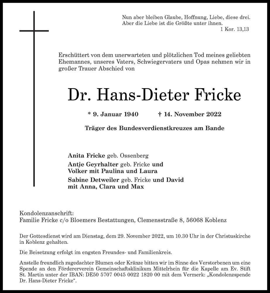 Traueranzeigen von Hans-Dieter Fricke | rz-trauer.de